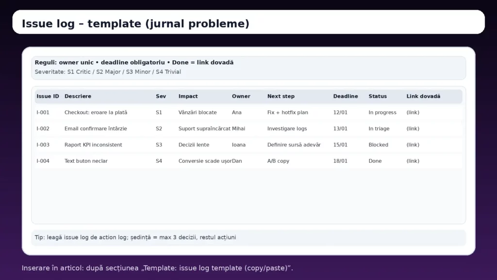 Issue log template – model copy/paste (jurnal probleme)